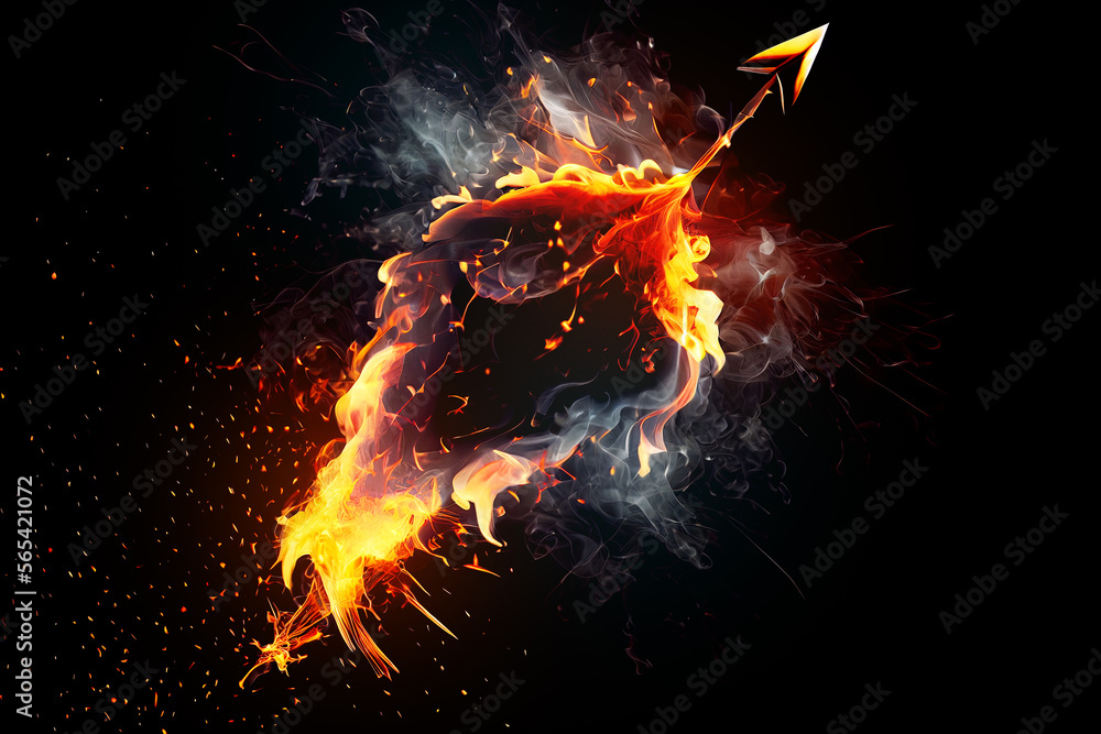 Burning arrow made of fire and smoke on black background. Digitally ...