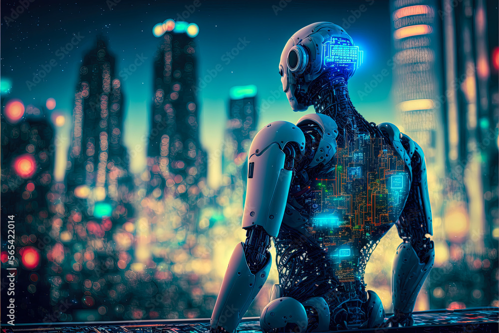 Puissance, intelligence et futur: silhouette d'un robot humanoïde fort ...