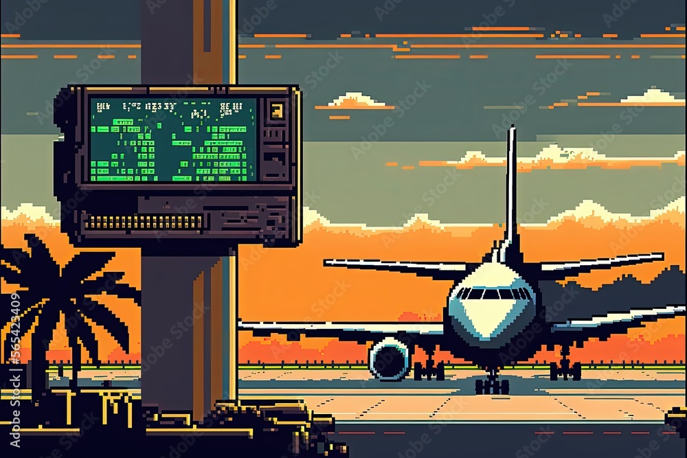 Pixel art airport with airplane, background in retro style for 8 bit ...