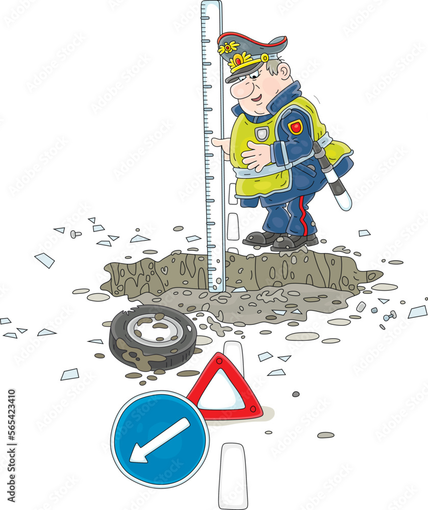 Funny puzzled traffic cop measuring a depth of a large and deep pothole ...