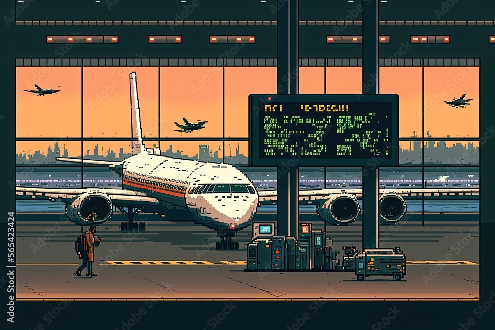 Pixel art airport with airplane, background in retro style for 8 bit ...