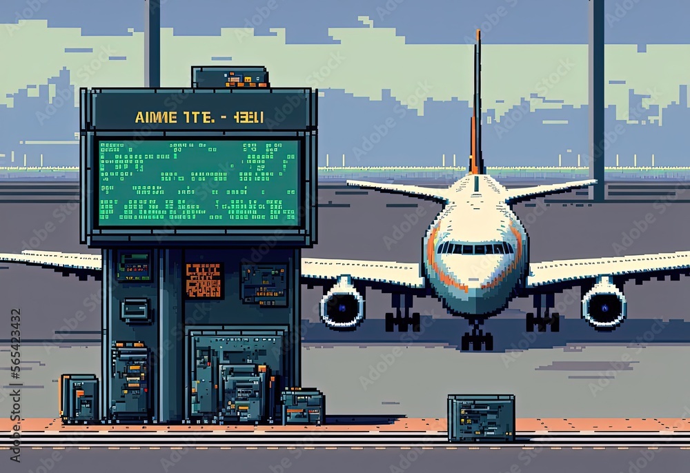 Pixel art airport with airplane, background in retro style for 8 bit ...