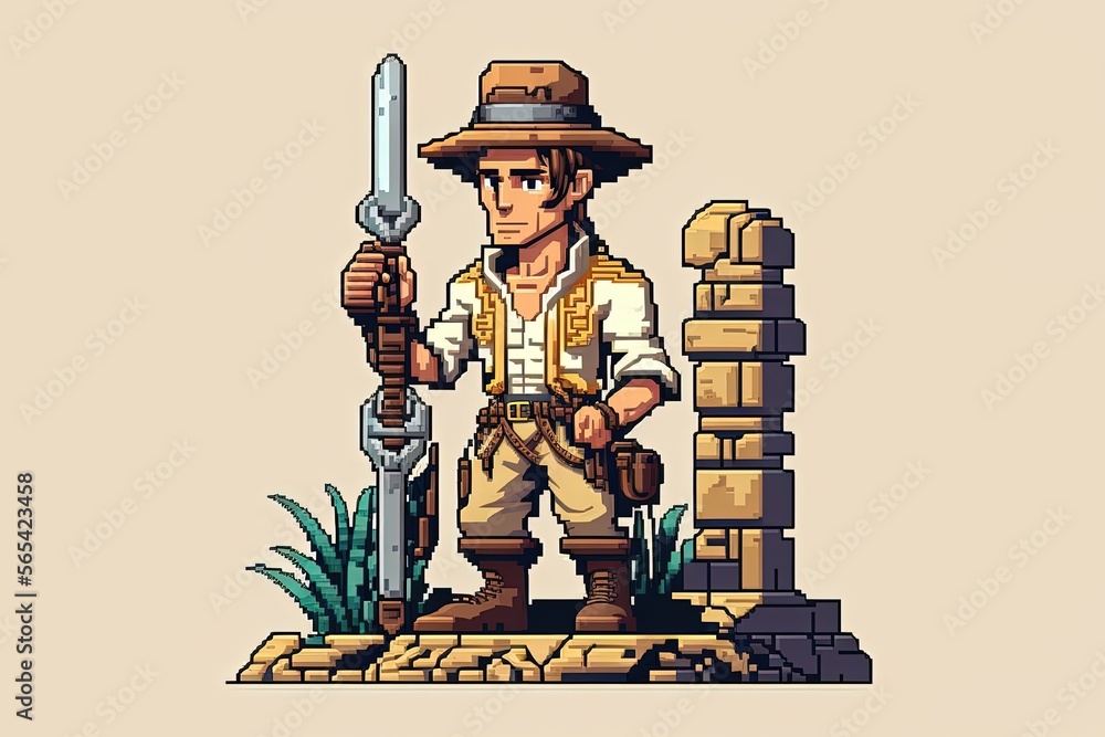 Pixel art character of explorer, archaeologist and researcher for RPG game, character in retro ...