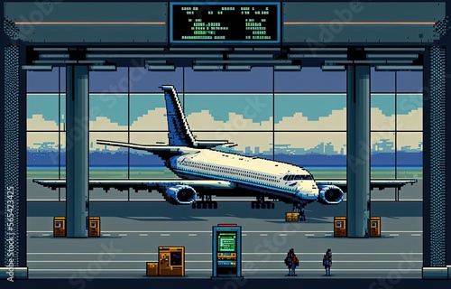 Videoton Media Stock - Pixel art airport with airplane, background in ...