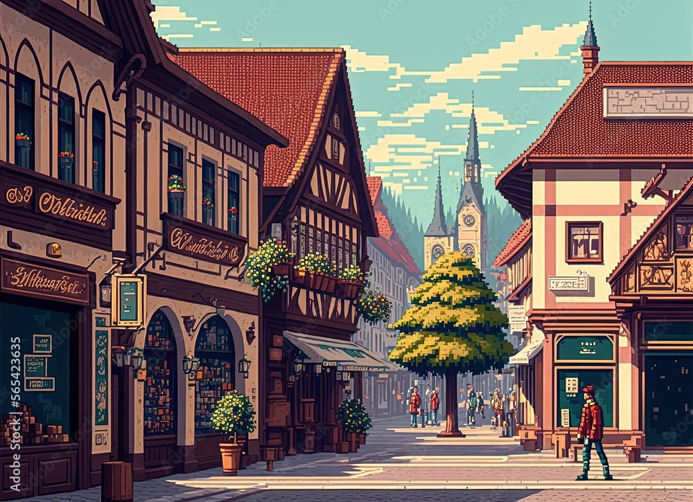 Pixel art shops in european shopping street, old european shops ...