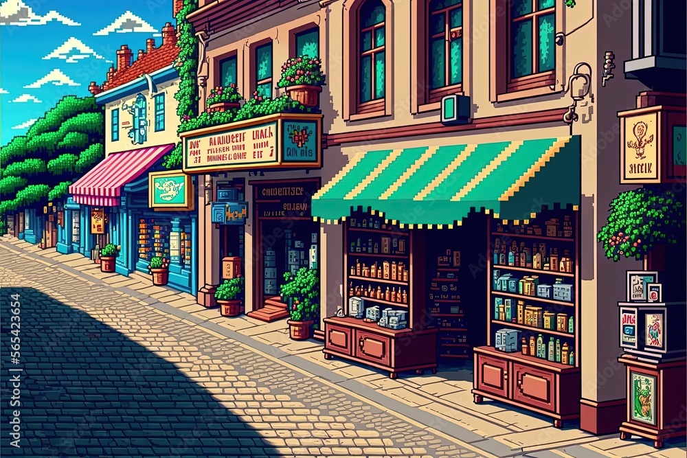 Pixel art shops in european shopping street, old european shops ...