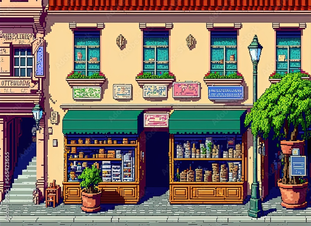 Pixel art shops in european shopping street, old european shops ...