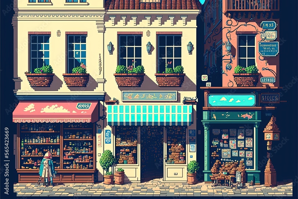 Pixel art shops in european shopping street, old european shops ...