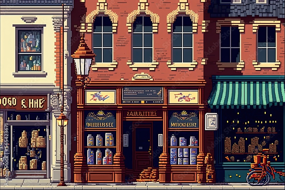 Pixel art shops in european shopping street, old european shops ...