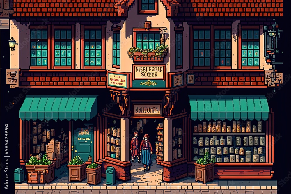Pixel art shops in european shopping street, old european shops ...