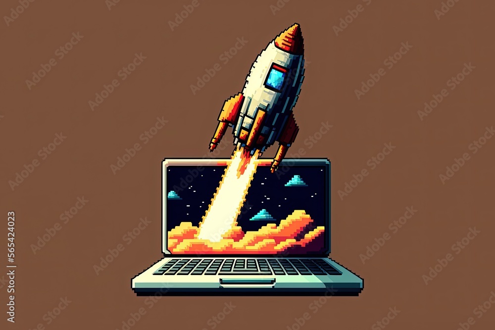 Pixel art laptop with rocket flying from the screen, startup concept ...