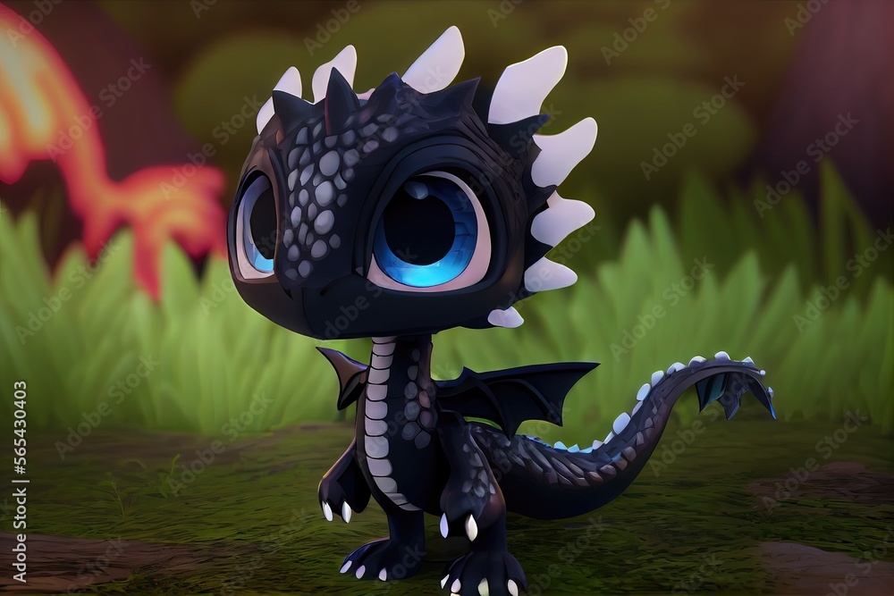 Colorful black baby dragon in a modern 3D animation style. Cute and adorable mythical creature ...