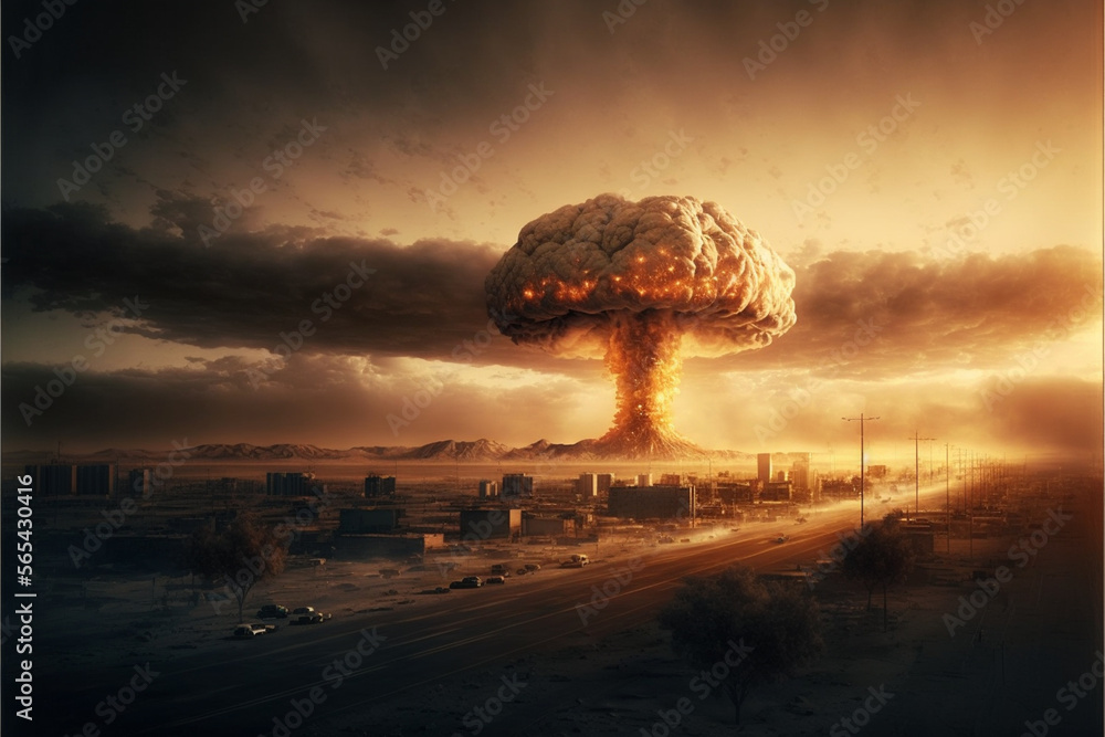 Atomic Bomb over a City with Mushroom cloud in the distance. Giant Nuke ...