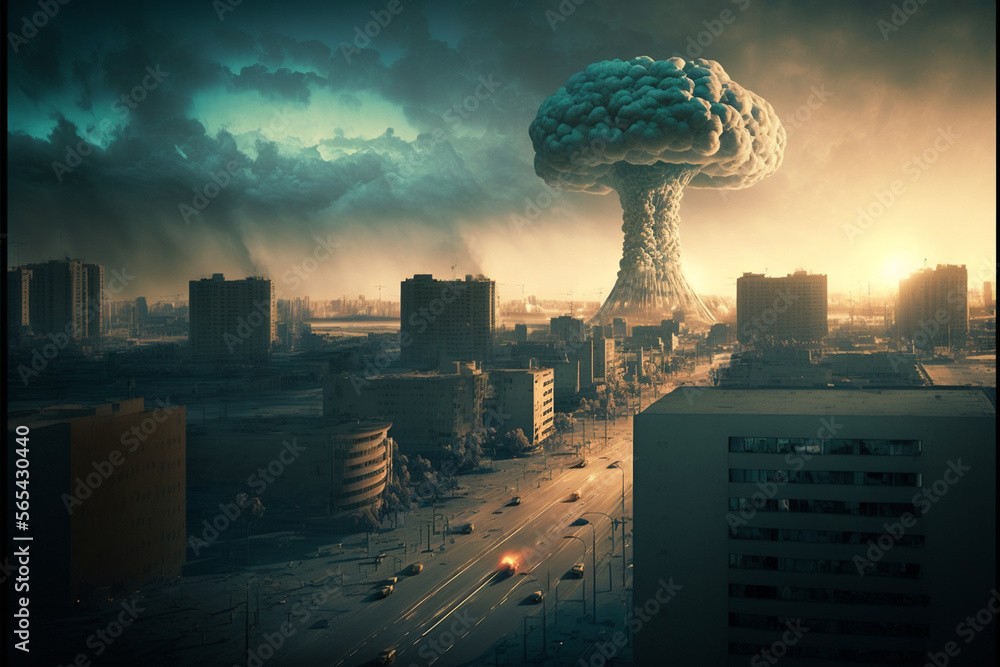 Atomic Bomb over a City with Mushroom cloud in the distance. Giant Nuke Explosion Blast. Nuclear ...