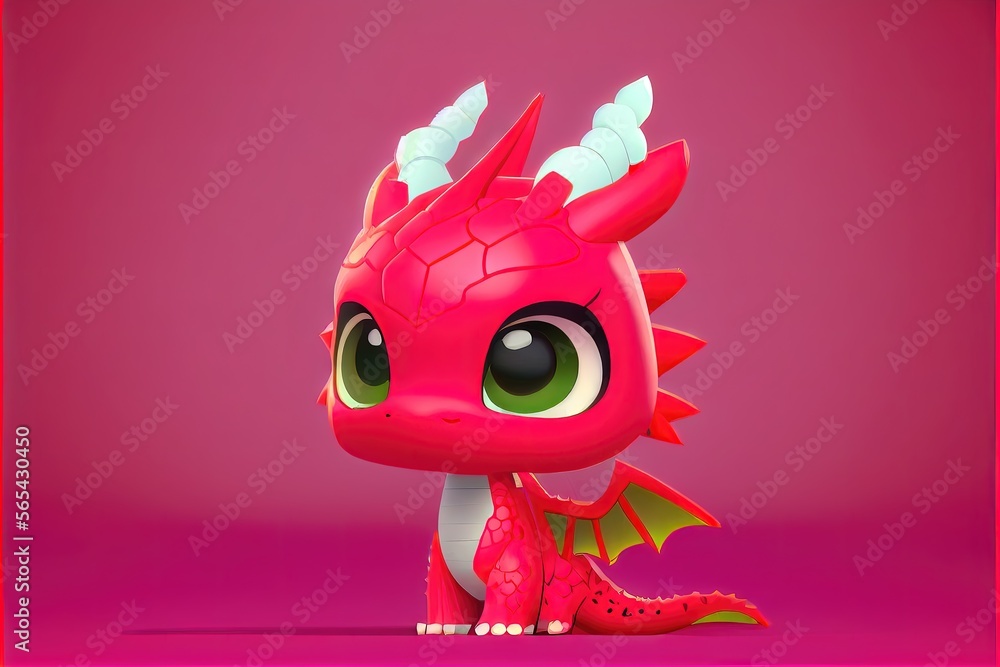 Colorful red baby dragon in a modern 3D animation style. Cute and adorable mythical creature ...