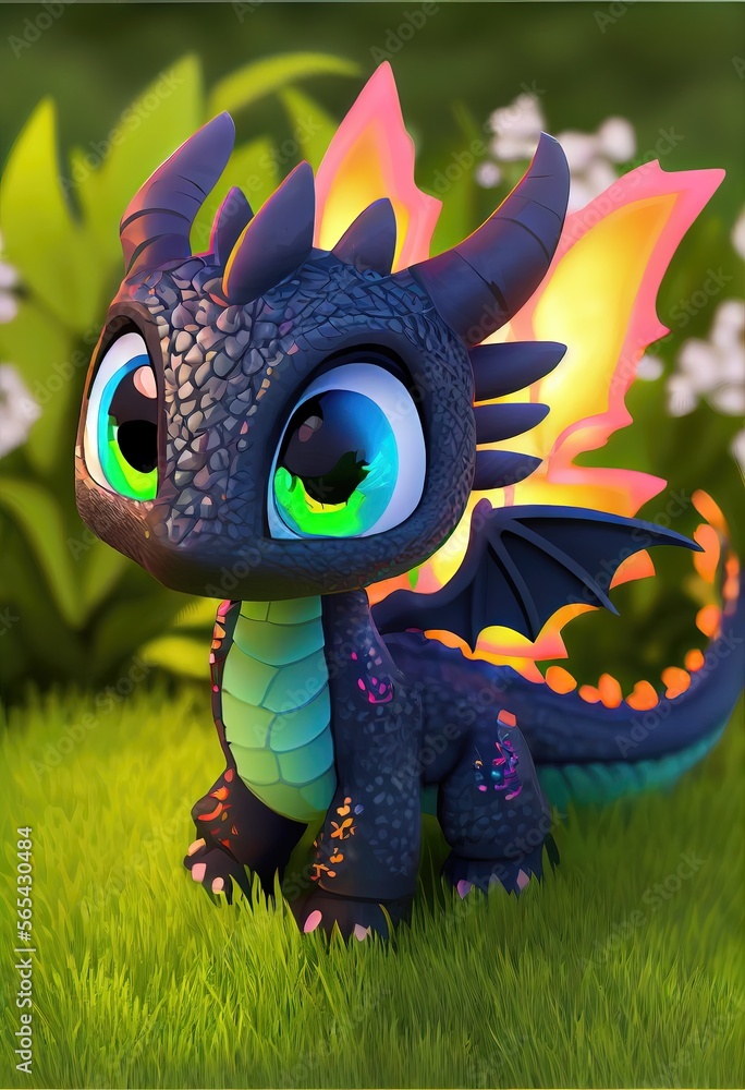 Colorful black baby dragon in a modern 3D animation style. Cute and adorable mythical creature ...