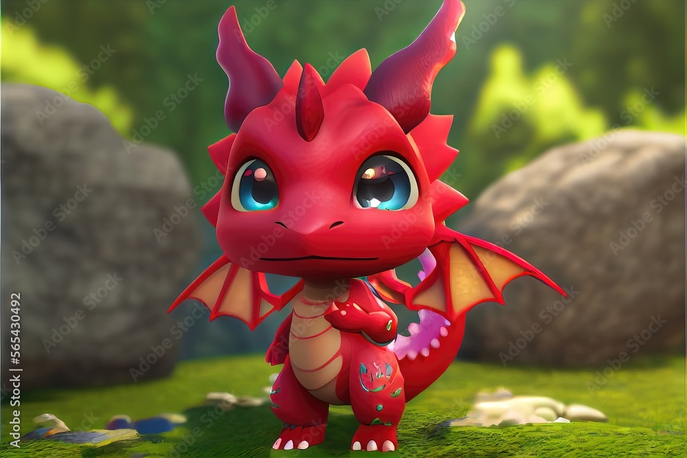 Colorful red baby dragon in a modern 3D animation style. Cute and ...