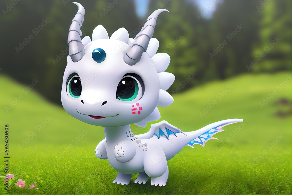 Colorful white baby dragon in a modern 3D animation style. Cute and adorable mythical creature ...
