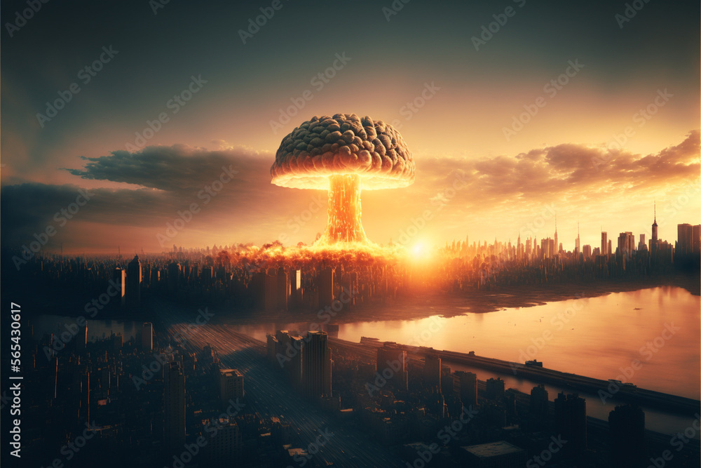 Atomic Bomb over a City with Mushroom cloud in the distance. Giant Nuke Explosion Blast. Nuclear ...