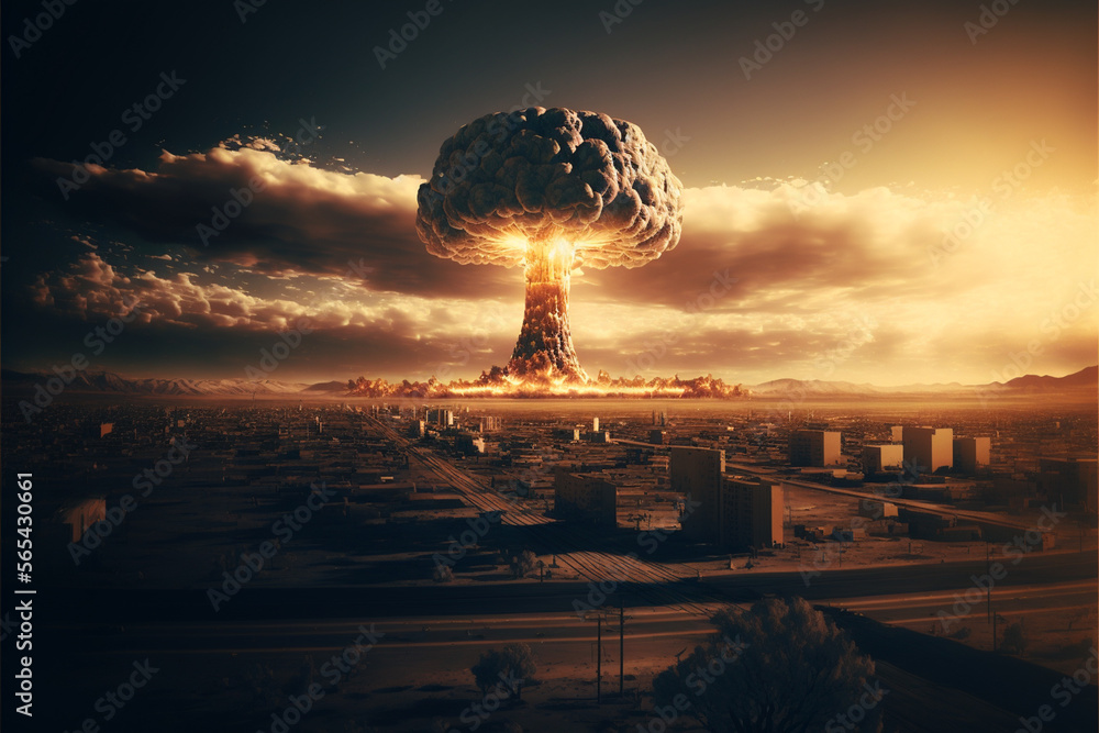 Atomic Bomb over a City with Mushroom cloud in the distance. Giant Nuke ...
