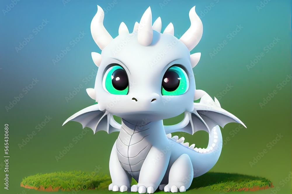 Colorful white baby dragon in a modern 3D animation style. Cute and adorable mythical creature ...