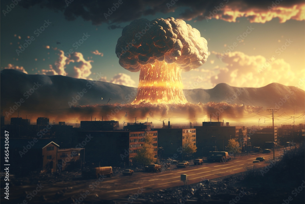Atomic Bomb over a City with Mushroom cloud in the distance. Giant Nuke Explosion Blast. Nuclear ...
