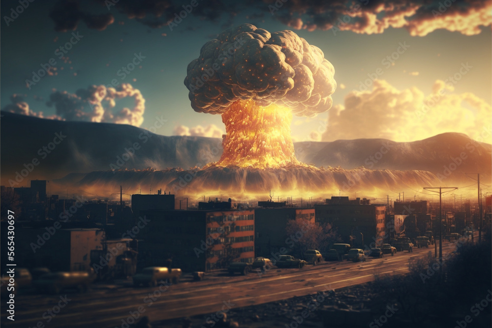Atomic Bomb over a City with Mushroom cloud in the distance. Giant Nuke Explosion Blast. Nuclear ...