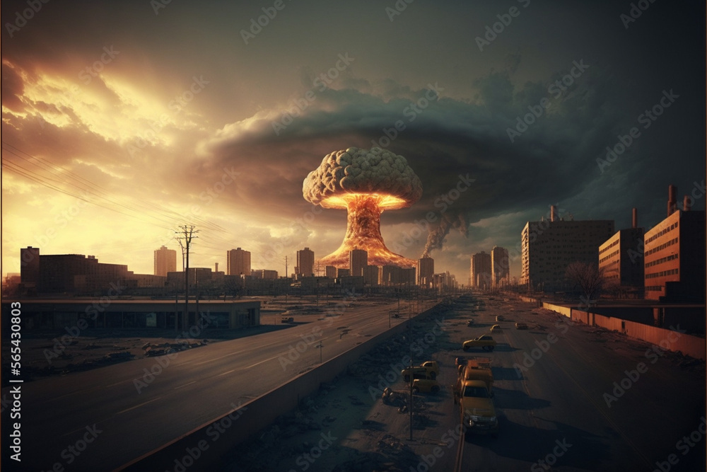 Atomic Bomb over a City with Mushroom cloud in the distance. Giant Nuke ...