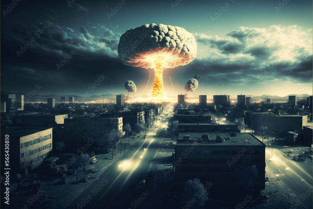 Atomic Bomb over a City with Mushroom cloud in the distance. Giant Nuke ...