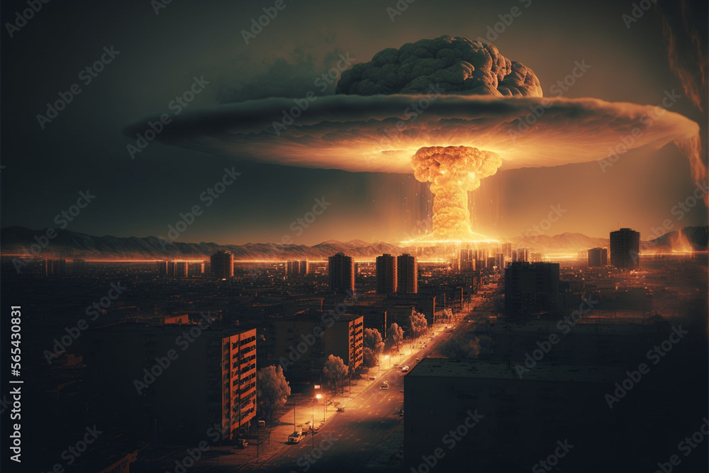 Atomic Bomb over a City with Mushroom cloud in the distance. Giant Nuke Explosion Blast. Nuclear ...