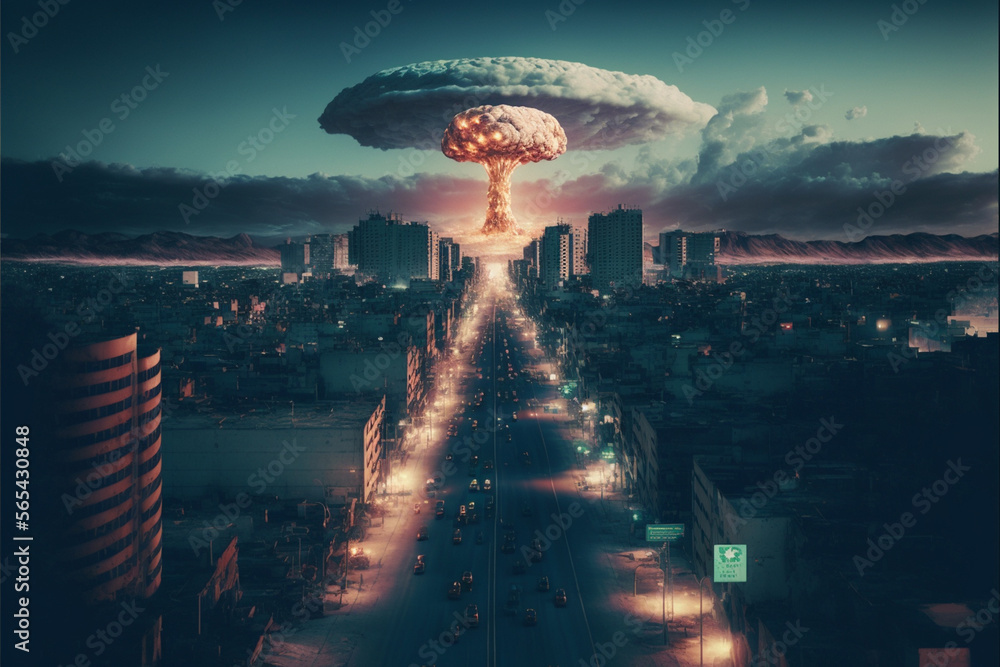 Atomic Bomb over a City with Mushroom cloud in the distance. Giant Nuke Explosion Blast. Nuclear ...