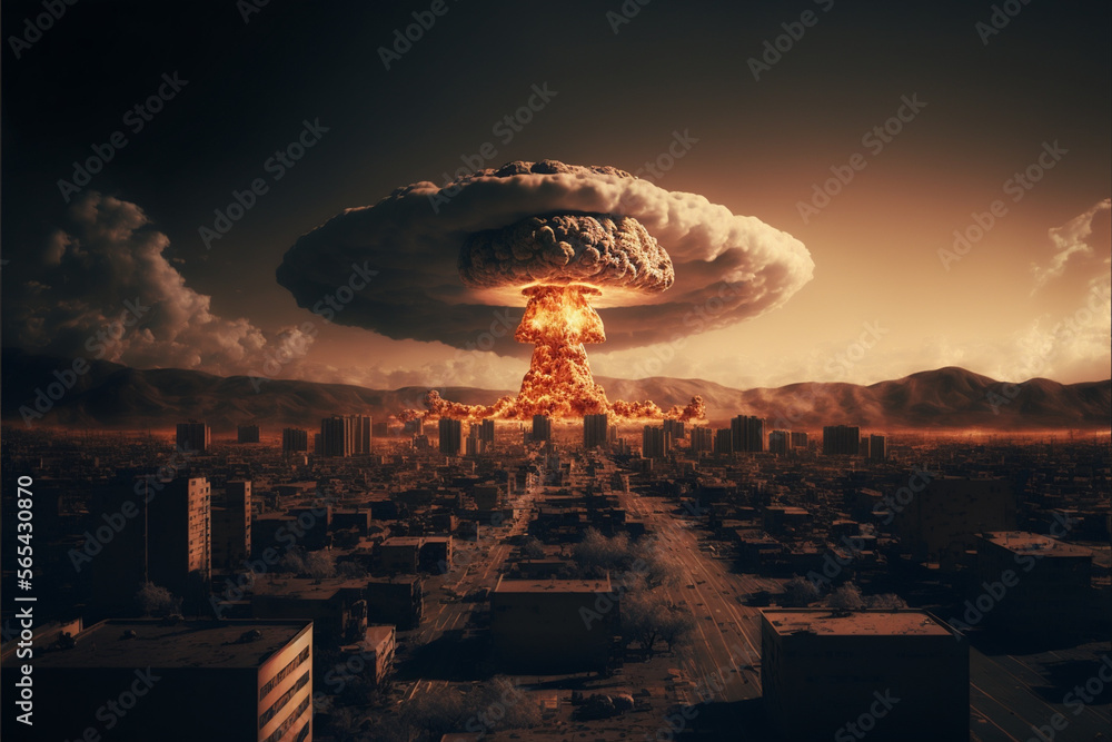 Atomic Bomb over a City with Mushroom cloud in the distance. Giant Nuke ...