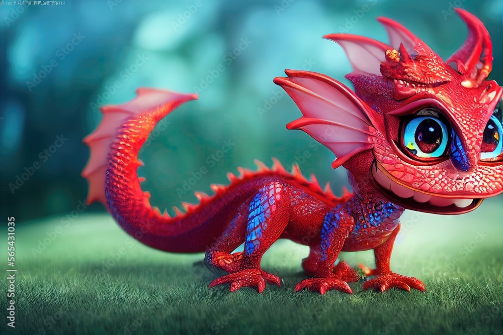 Colorful red baby dragon in a modern 3D animation style. Cute and adorable mythical creature ...