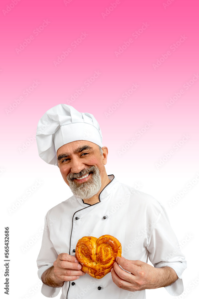 Baker man in love on valentine's day wearing chef's outfit. Chef-cooker ...