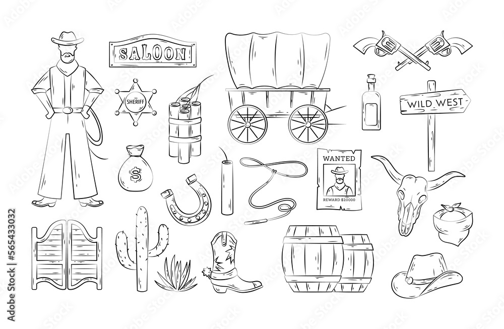Wild West. Vector set of hand drawn western Texas icon with cowboy, hat ...