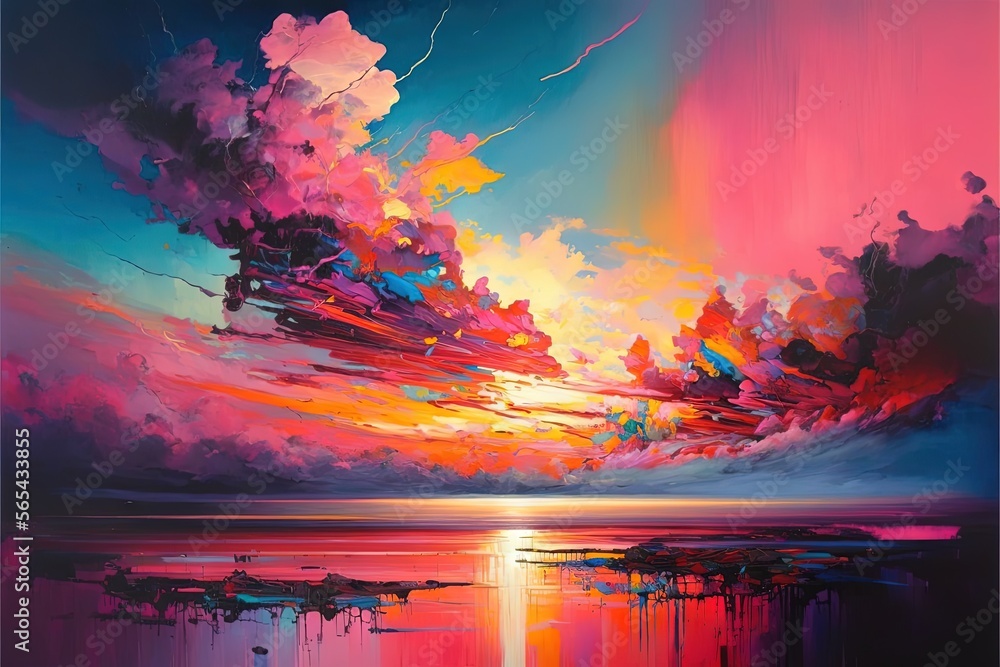 a painting of a sunset with clouds and water in the foreground and a ...