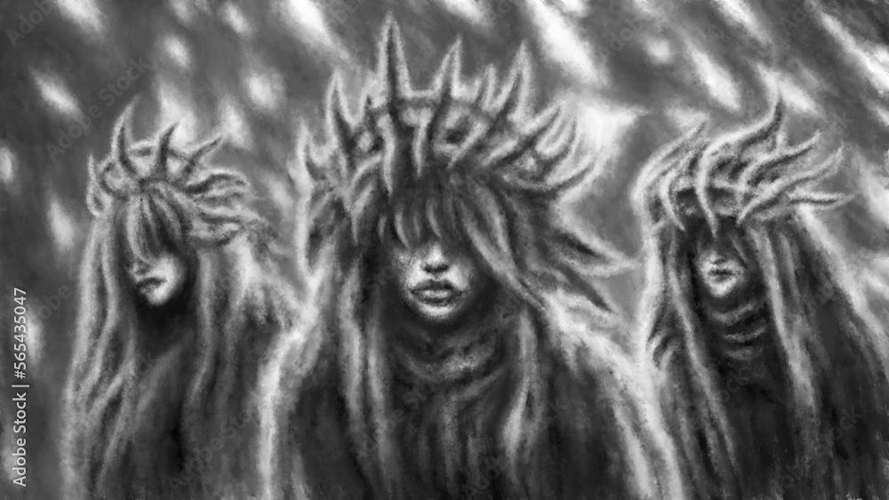 Creepy weird sisters of darkness. Evil witches illustration. Branch ...