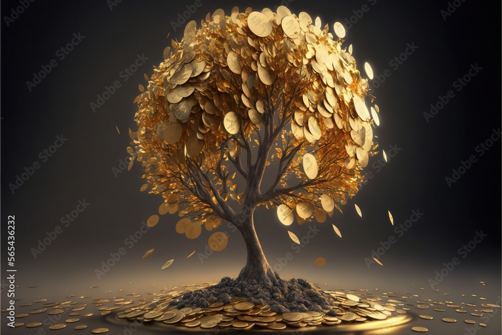 a tree with golden coins growing out of it's trunk and roots on a dark ...