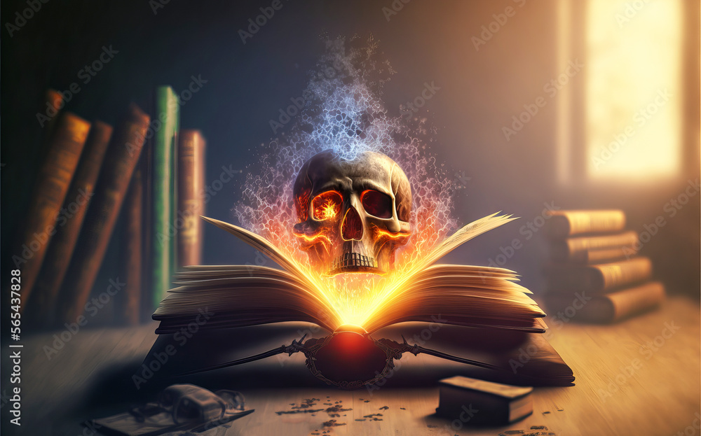 Open book, source of magic, which releases a disturbing human skull ...