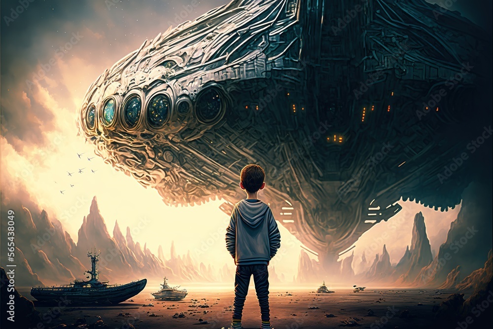 Boy standing in front of alien ship illustration. UFO. Painting ...