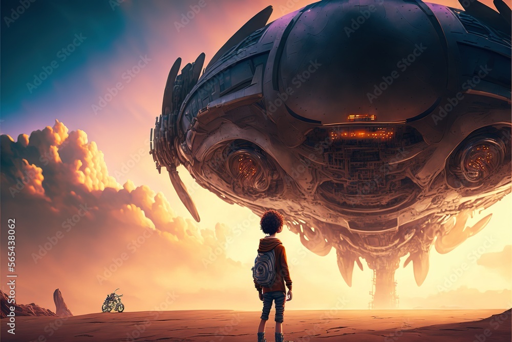 Boy standing in front of alien ship illustration. UFO. Painting ...