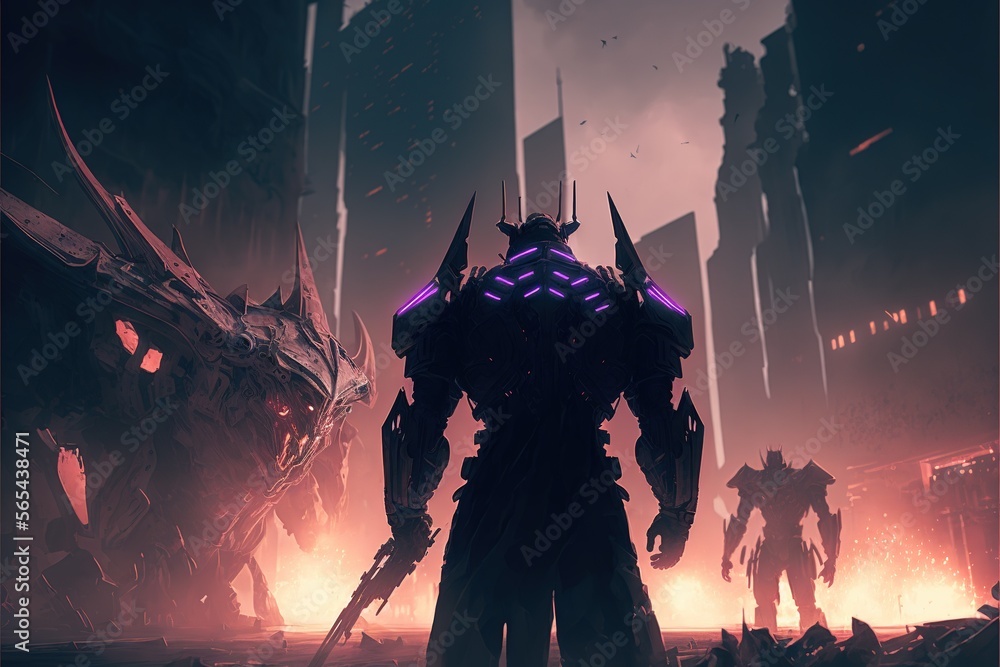 A modern fantasy world with and warrior standing at the entry gate with ...