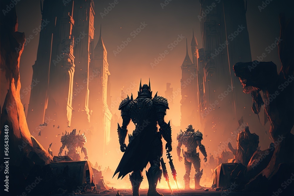 A modern fantasy world with and warrior standing at the entry gate with ...