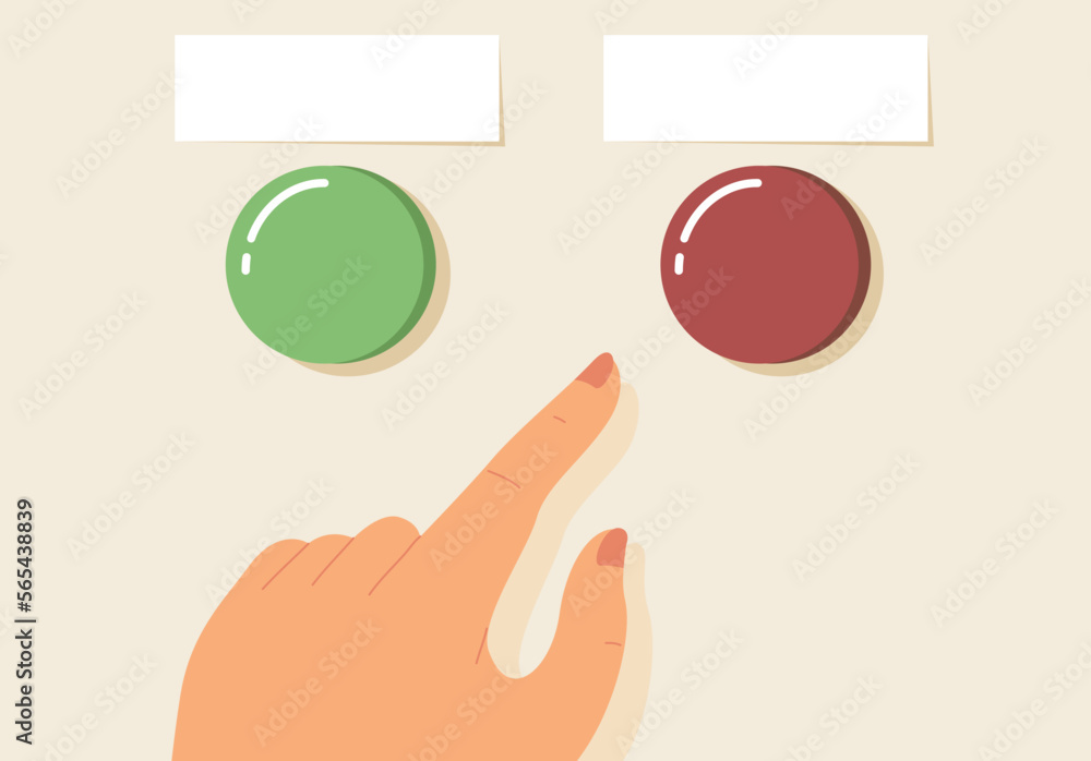 Hand with green and red button with what blank space to fill text ...