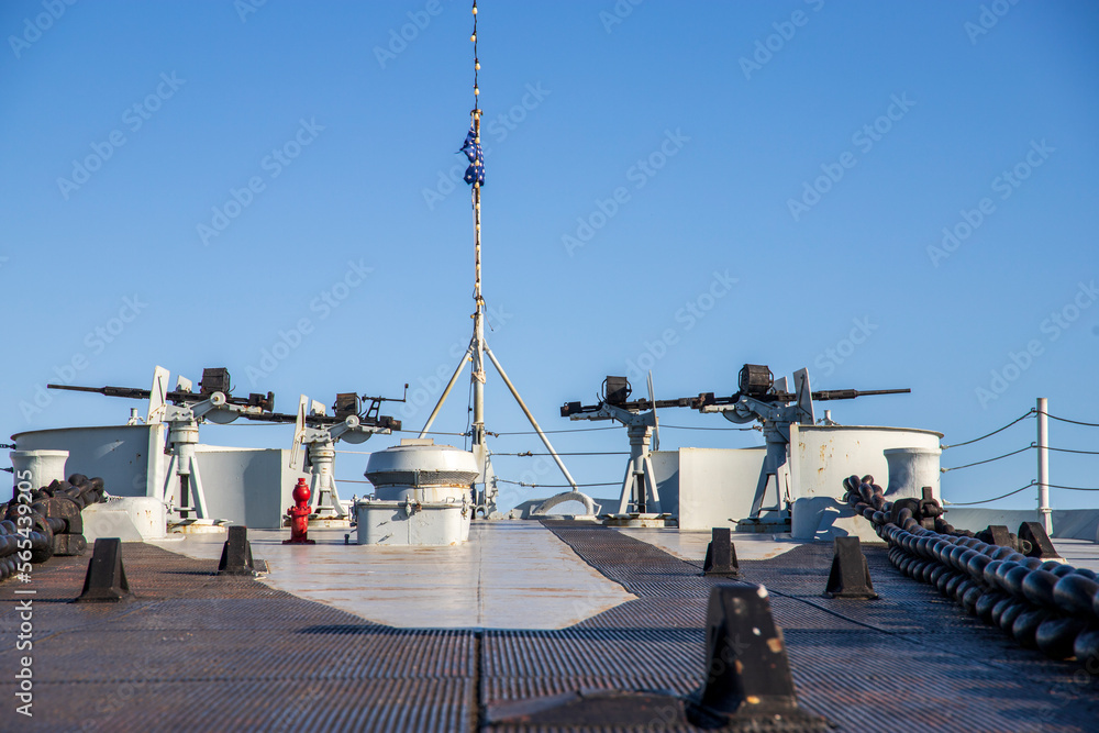 Along the bow of the USS Alabama with black anchor chains, 20 MM AA ...