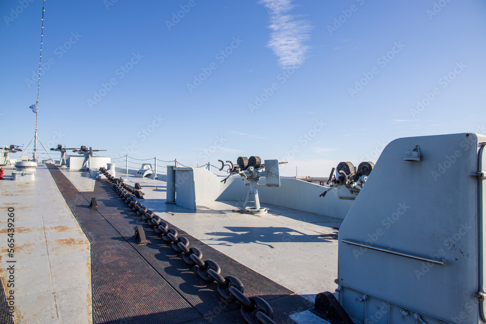 Along the bow of the USS Alabama with black anchor chains, 20 MM AA ...