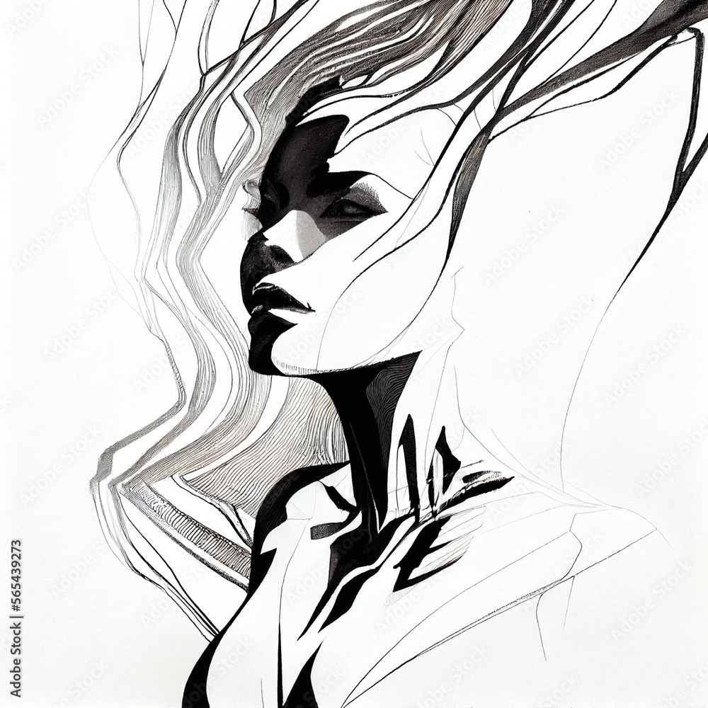 silhouette of a woman, line drawing, black and white, abstract art ...