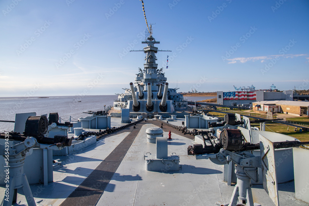 Along the bow of the USS Alabama with black anchor chains, 20 MM AA ...