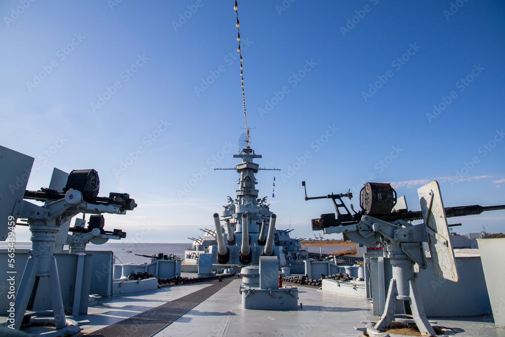 Along the bow of the USS Alabama with black anchor chains, 20 MM AA ...