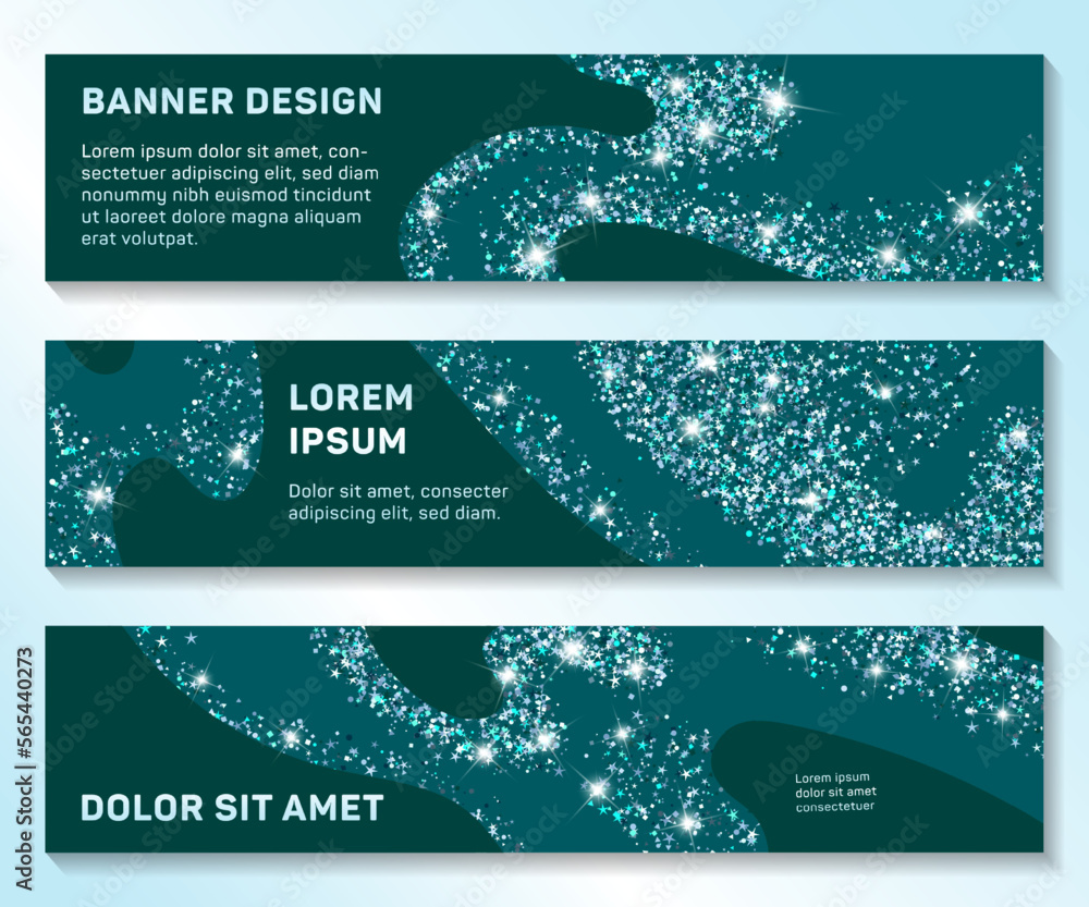 Teal turquoise sparkles wavy shapes background set, banners. Sea green ...